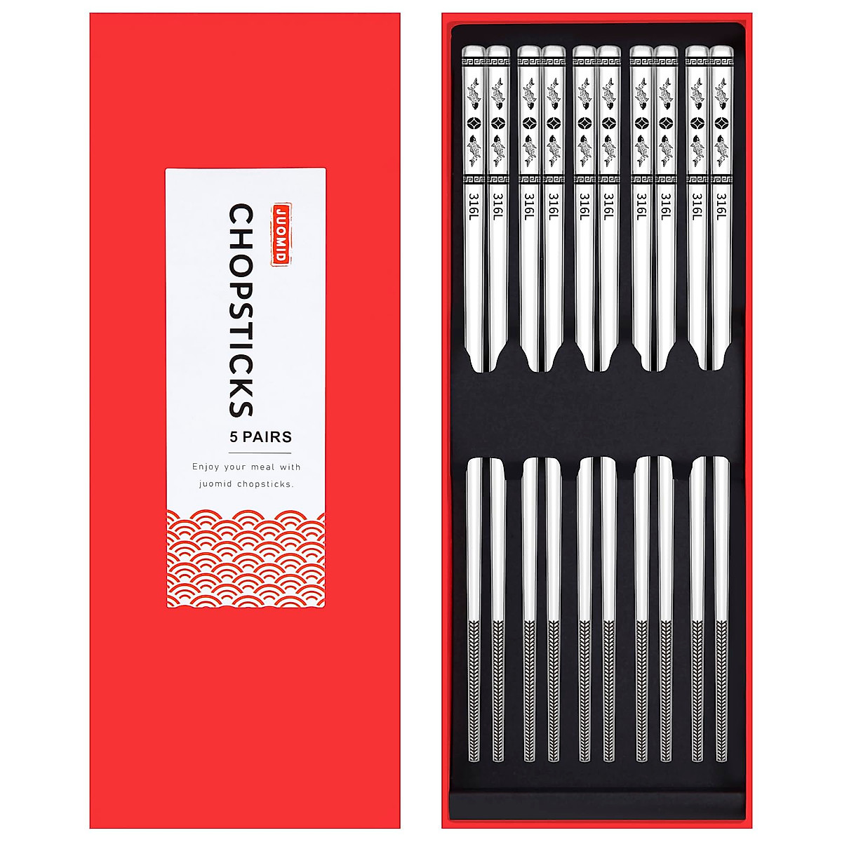 5 Pairs Metal Chopsticks, Reusable 316L Stainless Steel Chopsticks with Laser Engraved Non-Slip, Lightweight Square Design, Japanese Chinese Korean Design, Dishwasher Safe, Gift Set, Fish Pattern