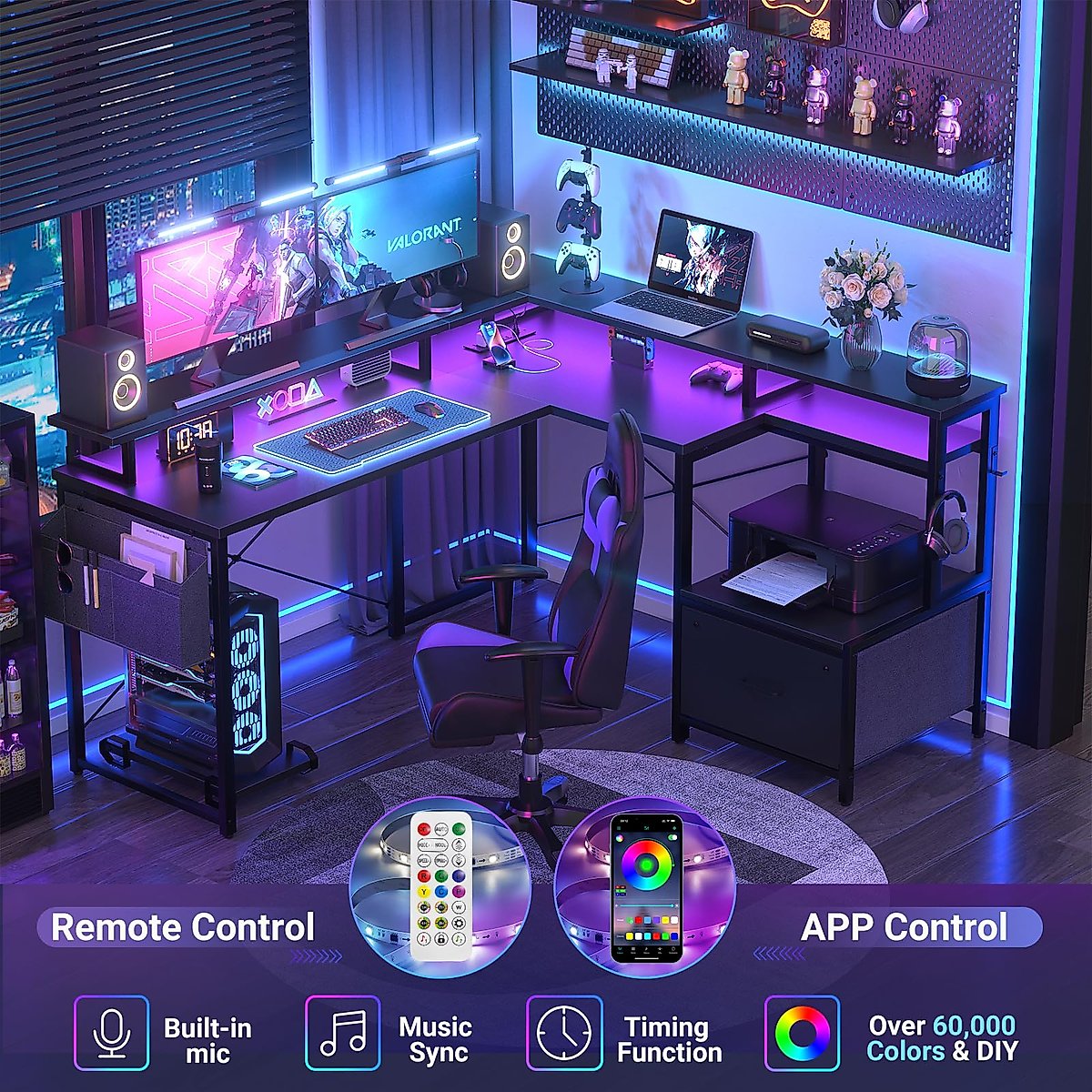 Unikito L Shaped Desk with File Drawer, Reversible L Shaped Computer Desk with Power Outlet & LED Lights, Home Office Desk Corner Desk with Monitor Shelf and Printer Cabinet, Gaming Desk, Black