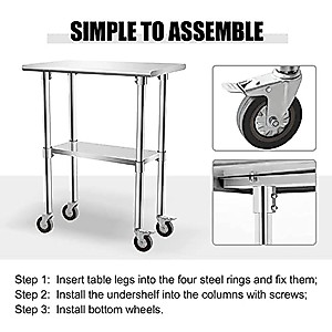 Hasopy Stainless Steel Table for Prep, Heavy Duty Work Table with 4 Casters for Commerical Kitchen, Restaurant, Home and Hotel (30'' X 18'')