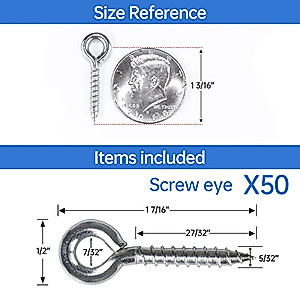 Muzata 50pack 1 15/32’’ M4 Screw Eye Hook Wood Screws Metal Hook T316 Stainless Steel for Wood Securing Cable Wire Terminal Ring Eyelet Self Tapping Eye Bolt Indoor Outdoor CN20 HN2