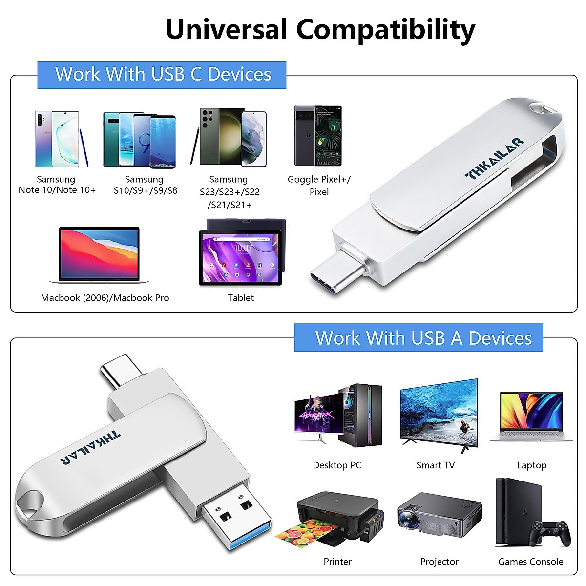 Thkailar 64GB USB C Flash Drive and USB 3.0,2 in 1 USB A to USB C Thumb Drive,Jump Drive/Memory Stick Dual Ports with Key Chain for Computer,Android Phone,MacBook Pro,Tablet,Laptop