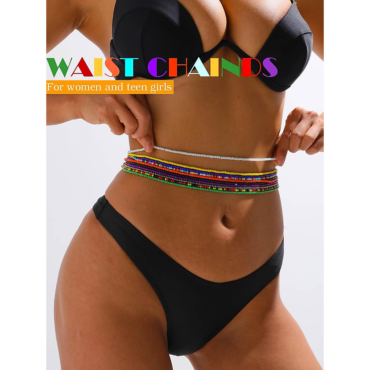 TWINKLEDE Elastic Beads Belly Waist Chain Colorful Beaded Body Chains Set Festival Rave Summer Bikini Body Jewelry for Women and Girl (Multi-colored)