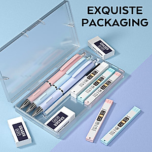 Nicpro 3 PCS Pastel Mechanical Pencil 0.5 mm for School, with 6 tubes HB Lead Refills, Erasers, Eraser Refills For Student Writing, Drawing, Sketching, Blue & Pink & Violet Colors - Come with Case