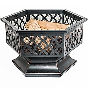 PRISP Outdoor Fire Pit for Garden and Patio, Large Hexagonal Fire Bowl, Includes Spark Guard, Poker and Protective Cover, Black and Bronze, 61 cm Width, 65 cm High - Foyer Extrieur