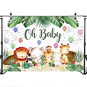 Mocsicka Oh Baby Backdrop 7x5ft Jungle Safari Animals Greenery Balloons Baby Shower Party Decorations Cute Cartoon Animals Gift Boxes Baby Shower Photography Background