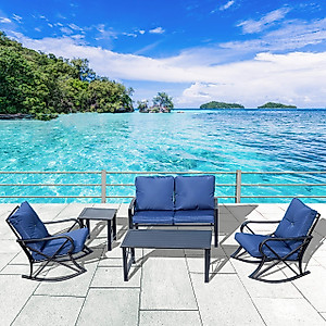 LOKATSE HOME 5 Pieces Patio Conversation Set Outdoor Metal Furniture Padded Deep Seating with Loveseat, 2 Rocking Chairs and 2 Coffee Table, Blue