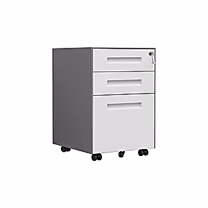 3-Drawer Mobile File Cabinet with Lock, Office Storage Filing Cabinet for Legal/Letter Size, Pre-Assembled Metal File Cabinet Except Wheels Under Desk (White+Gray)
