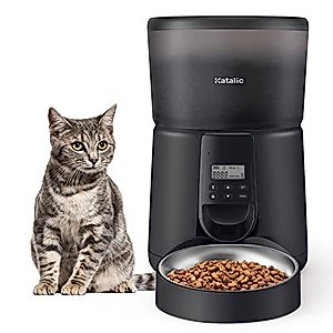 Automatic Cat Feeders,Katalic Clog-Free 4L Cat Food Dispenser with Sliding Lock Lid Storage Timed Feeder for Cat and Dogs with Voice Recorder, Programmable Meal & Portion Automatic Feeder (Gray black)