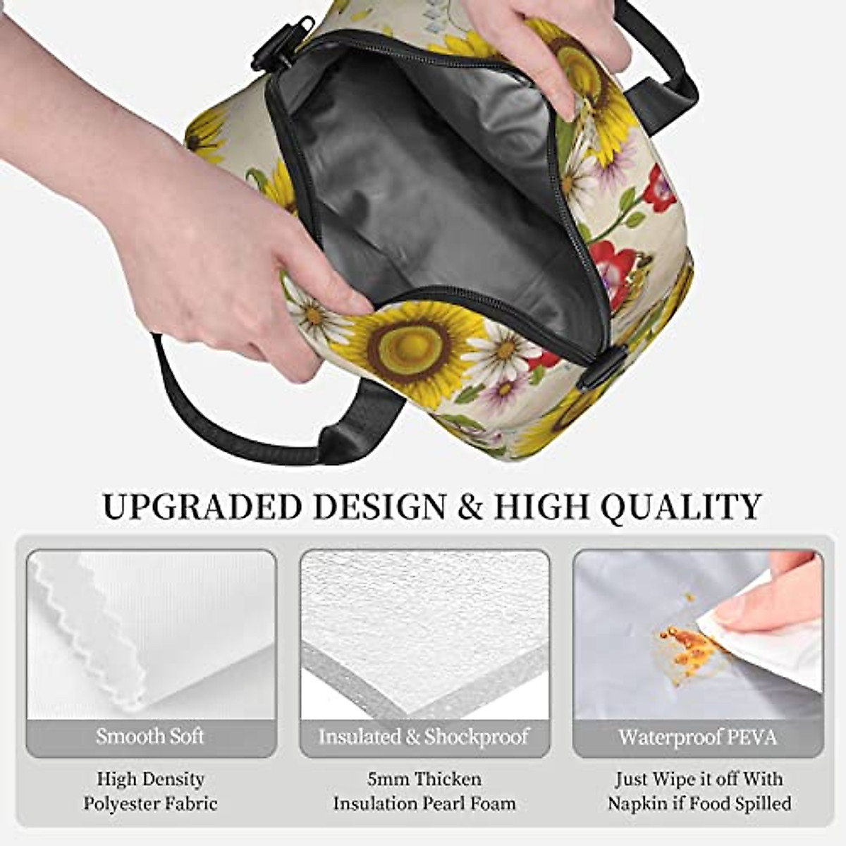 NOLACE Bees Sunflowers Daisy Rose Flowers Lunch Bag For Women & Men Adjustable Shoulder Strap,Leak Proof,Tote Bag For Office Work,Picnic
