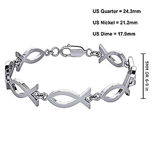 US Jewels 925 Sterling Silver Ichthys Religious Jesus Fish Link Bracelet, 9"