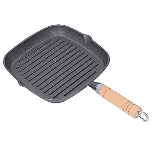 Cast Iron Grill Pan,Square Nonstick Grill Pan,Multipurpose Prevents Stick Quadrate Steak Pan,Stove Top Grill Pan with Detachable Wooden Handle for Bacon Steak Onion