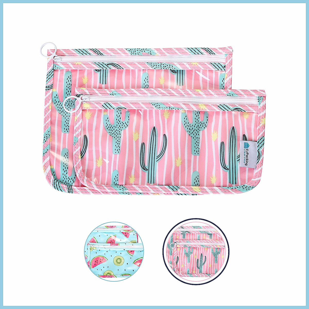 EzPacking Clear Zipper Pouches (Set of 2) / Transparent Reusable PVC Organizers for Women’s Purse or Tote Bag/Cute Slim Flat Japanese Style Watermelon Cactus Pouch for Travel (Cactus)
