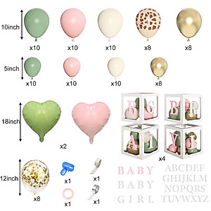 Amandir Baby Boxes Sage Green Baby Shower Decorations for Girl, Pink Gold Sage Green Balloon Arch Baby Blocks Letters Animal Jungle Safari Balloons Gender Reveal Two Wild One Birthday Party Supplies