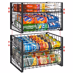 JKsmart 4-Tier Stackable Can Rack Organizer for Pantry, Adjustable Can Dispenser Holds Up to 62 Cans, Can Storage Holder for Various Ounces of Canned Food Soda Drinks, Black