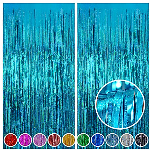 Melsan 2 Pack 3.2 ft x 8.2 ft Teal Tinsel Foil Fringe Curtains Backdrop, Sparkle Metallic Foil Curtains for Birthday Party Decoration