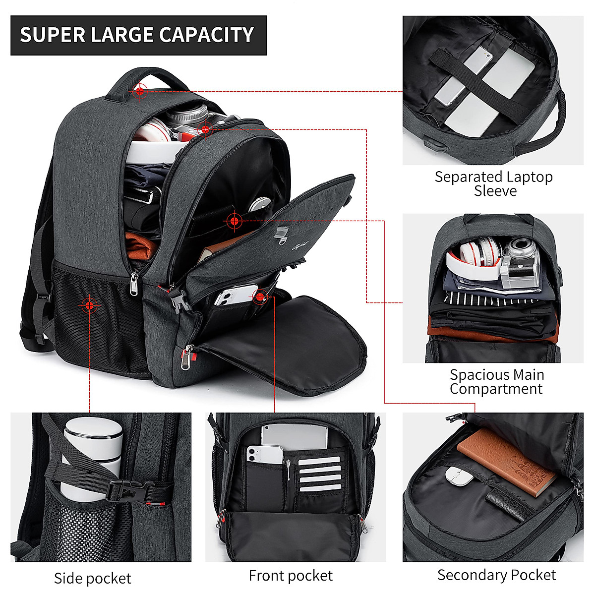 CAFELE Backpack,Waterproof Large 17in Laptop Backpack for Trip School Work Bookbag Computer Rucksack with USB Charging Port,Water Resistant Sturdy Backpack for Men Women,Grey