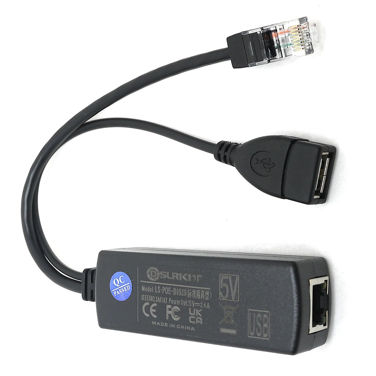 DSLRKIT Active PoE Splitter 48V to 5V 2.4A USB Type A Female 802.3af Power Over Ethernet