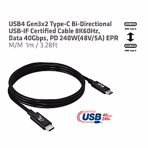 Club 3D CAC-1576 USB4 Gen3x2 Type C to Type C Bi-Directional Cable with 240W Charging, 40Gbps Data Transmission and Supports 8K60Hz Video 1m - 3,28ft