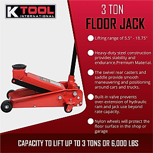 K Tool International 63131B 3 Ton Automotive Service Floor Jack for Garages, Repair Shops, and DIY, Portable, Compact, 6,000 lbs. Capacity, Hydraulic Lifting Range 5.5" - 8.75", Heavy Duty Steel, Red