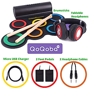 QoQoba Electronic Drum Set for Kids | Adult Beginner Pro MIDI Drum Practice Pad Kit w/Headphone Jack | Drum Sticks | Great Holiday Birthday Gift for Kids Drum Set (RAINBOW)