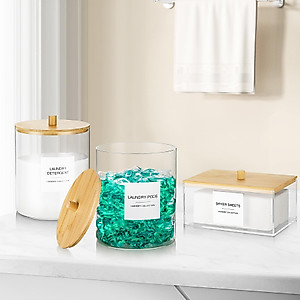 TIPGO Glass Jars and Acrylic Dryer Sheet Holder, Laundry Pods Container with Bamboo Lid and 27 Labels, Powder Detergent Containers for Laundry Room Organization, Storage Jars Set (3 Pack)