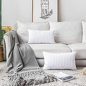 UGASA Velvet Pillow Covers Striped, Decorative Throw Cushion Case with Hidden Zipper for Home Couch/Bedroom/Car, Soft Cozy Solid Oblong, 1 Piece (12"x20", Pure White)