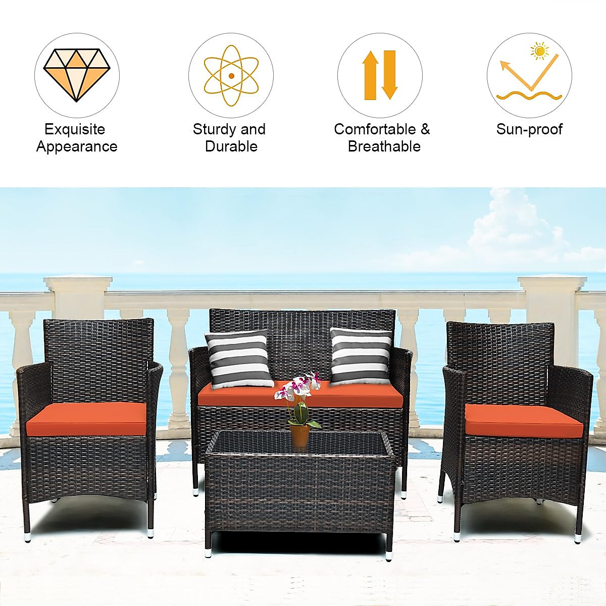 Tangkula 4-PCS Patio Rattan Conversation Set, Outdoor Wicker Furniture Set with Tempered Glass Coffee Table &Thick Cushion, Rattan Chair Wicker Set for Garden, Lawn, Poolside and Backyard (1, Orange)