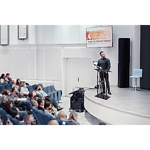 Displays2go Black Aluminum and Steel Truss Lectern with Curved Design and Built-in Shelf, 47-Inch Tall, Textured Finish (LCTTACBK)