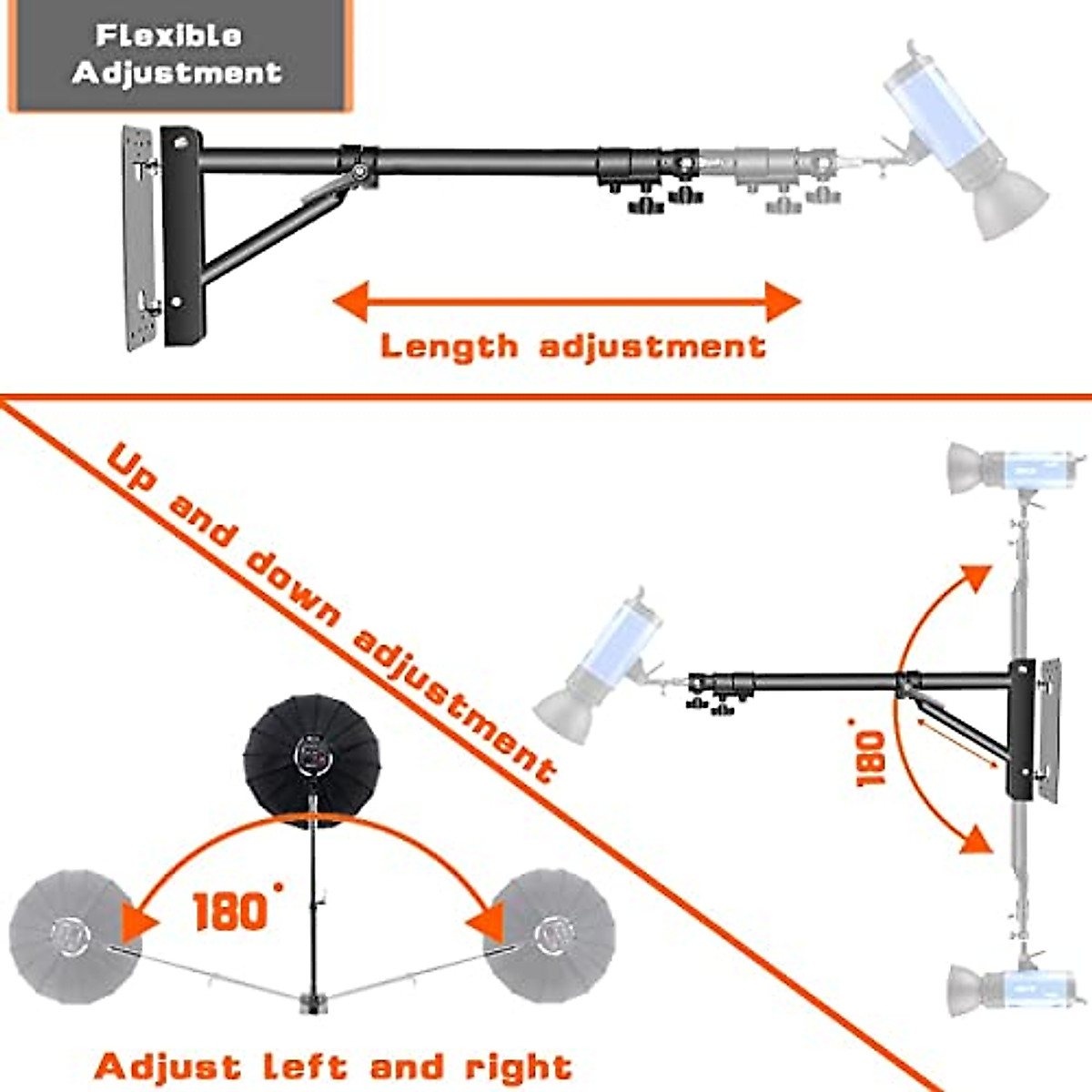 Wall Mounting Triangle Boom Arm for Ring Light, Support 180° Flexible Rotation, 28-51in Adjustable Length, Save Space, for Monolight, Softbox, Umbrella and Reflector