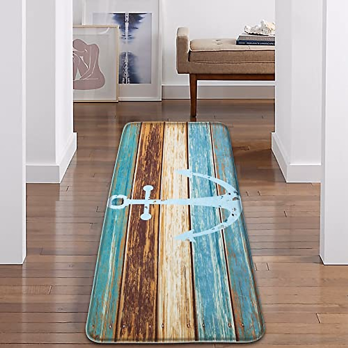 Bathroom Rugs, Kitchen Rug Non-Slip Soft Absorbent Bath Mats with Nautical Anchor Flannel for Bathroom Kitchen and Hallway 24 inches X 71 inches Turquoise/Brown
