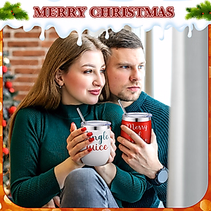 Ziliny 12 Pcs Christmas Wine Tumbler Set, 12 Oz Stainless Steel Double Wall Vacuum Insulated Coffee Mug Stemless Xmas Wine Glasses With Lid Straw Brushes for Women Friends Men Travel Gifts (Texts)