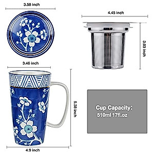 Taimei Teatime Ceramic Tea Cup with Infuser and Lid, 17 oz Tea Infuser Mug for Steeping Loose Leaf Tea with Handpainted Floral Pattern, Tea Mug with Infuser Basket, Women Office Home Gift