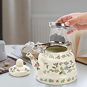 Jucoan 1.8 Quart Enamel Tea Kettle, Vintage Green Floral Enamel on Steel Teapot Water Kettle with Filter and Cool Grip Stainless Steel Handle for Stovetop Induction Gas, No Whistling Teakettle