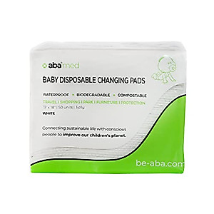 aba 50 Pack Compact Biodegradable Disposable Changing Pads Baby Disposable Underpads Waterproof Table Protector Mat, 18 Inch x 13 Inch
