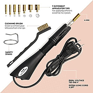 Quick Crystals Pro Hotfix Applicator, Bedazzler Kit with Rhinestones, DIY Wand Setter Tool Kit with 7 Different Tip Sizes, Tweezers, Cleaning Brush, User Manual, and 4400 Rhinestones.