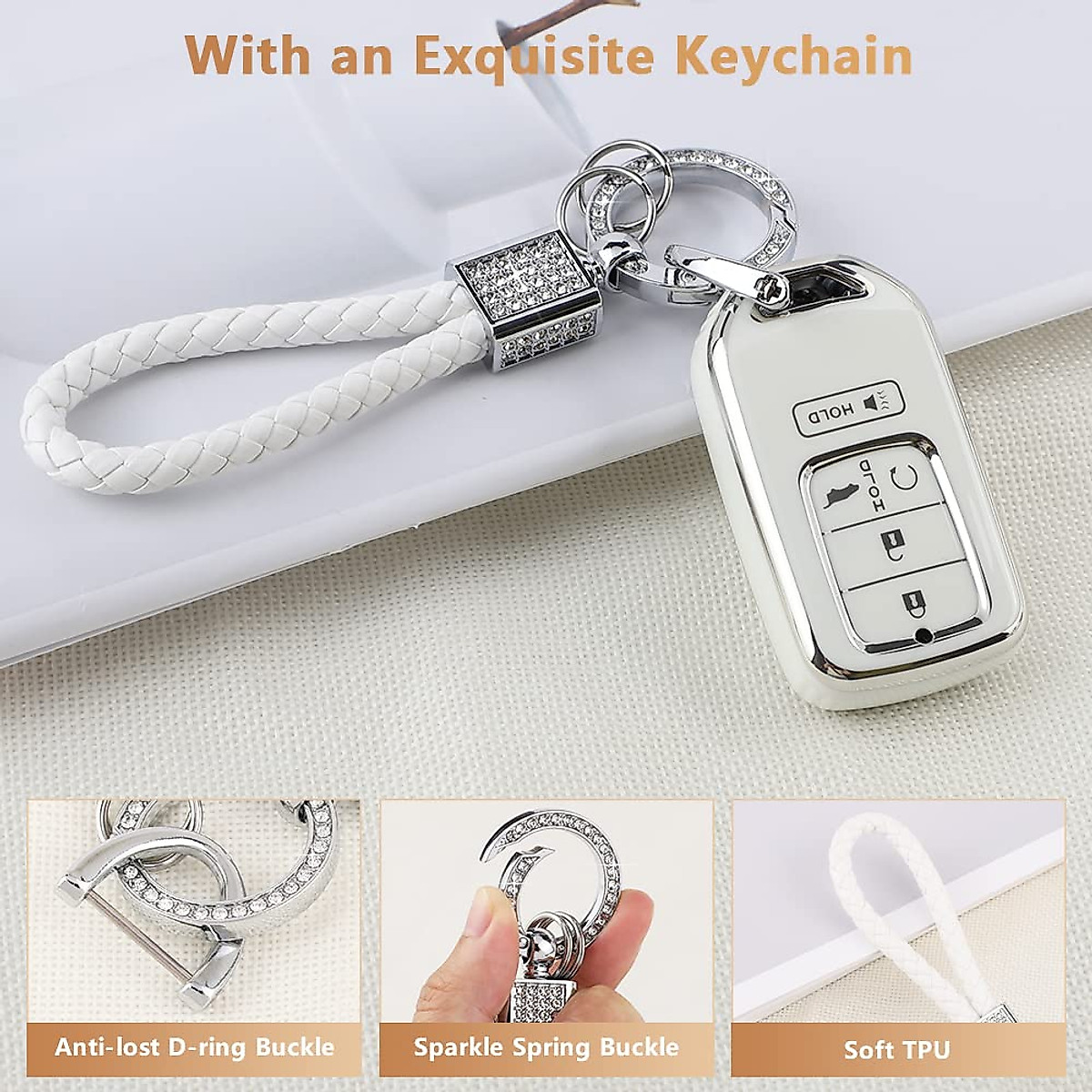 PIFOOG Key Fob Cover for Honda Accord Civic CRV Pilot Passport Insight Accessories White TPU 5 Buttons Smart Keys Case Shell Protector Bling Car Keychain Girly Women