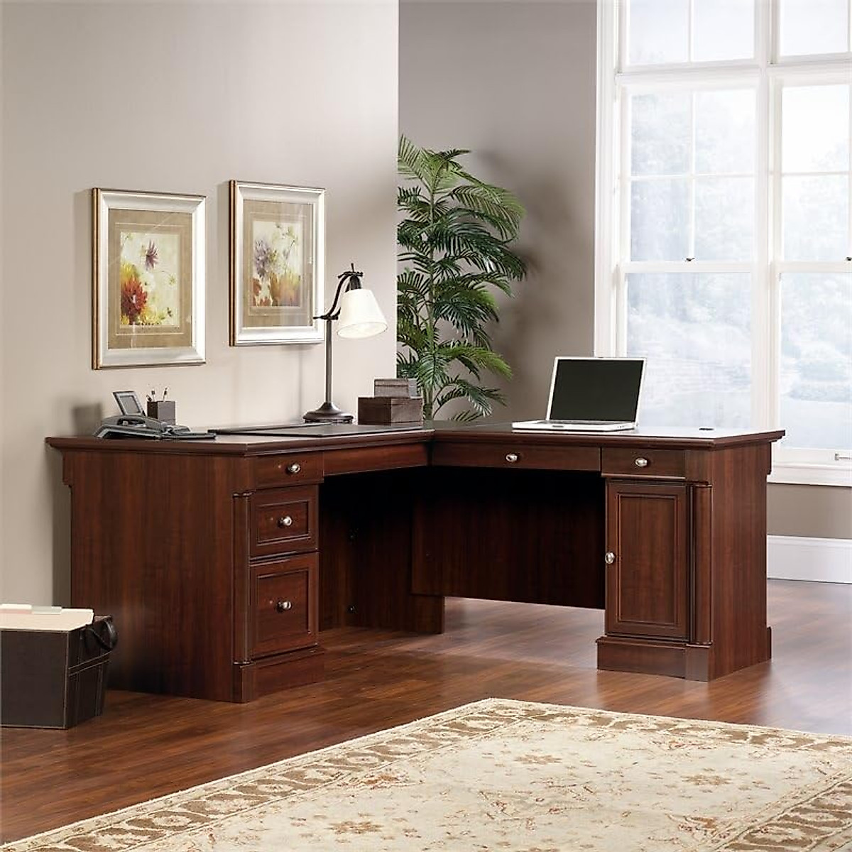 BOWERY HILL Classic Style L-Shaped Office Computer Desk in Cherry with File Drawer, CPU Tower,