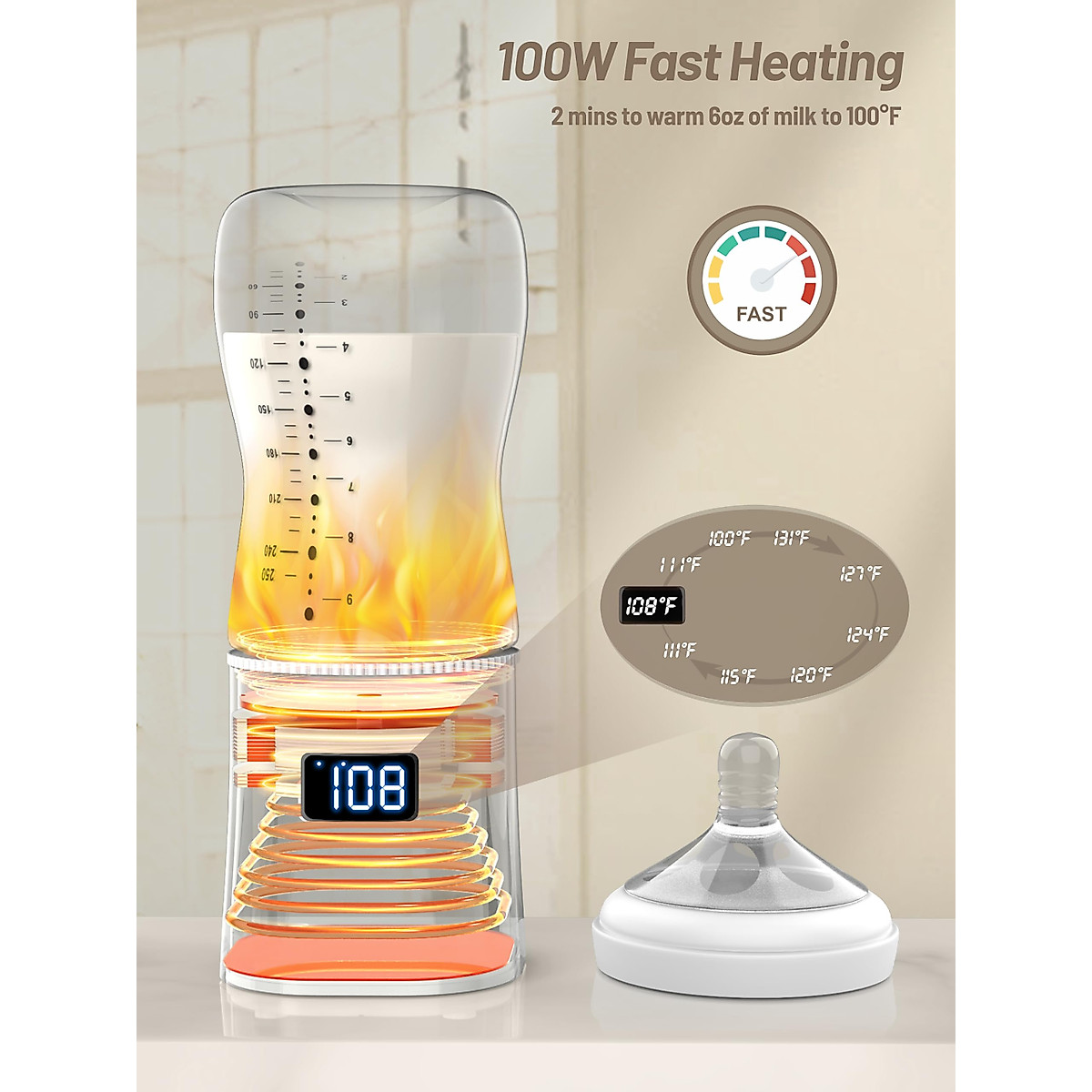 Portable Bottle Warmer for Travel, 10 in 1 Baby Bottle Warmer Set with 5 Adapters & 2 Glass Milk Cup, 100W Fast Heating Cordless Rechargeable Travel Bottle Warmer, Baby Gift Set