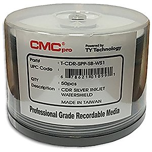 CMC Pro (Powered by TY Technology) Watershield Glossy Silver Pearl Inkjet Hub 52X 80-Min CD-R'S 100-Pak