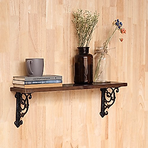 MyGift 24-Inch Floating Shelf Wood with Decorative Victorian Style Cast Iron Brackets