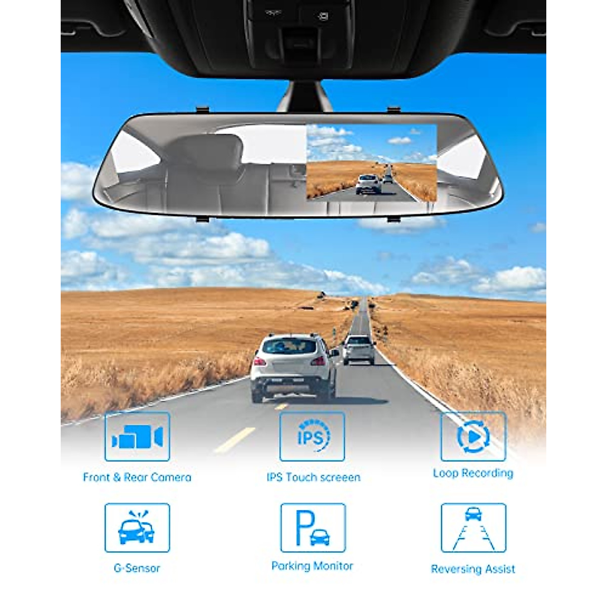 1080P Mirror Dash Cam 4.3in Touch Screen, Front and Dash Waterproof Backup Camera Rear View Camera, Parking Assistance, Loop Recording, G-Sensor, Monitor, Free 64GB Memory Card