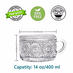 Amzcku Vintage Coffee Tea Cups, Glass Mugs 12 Oz Set of 2 Embossed Glassware with Handle, for Cappuccino, Latte, Cereal, Yogurt, Beverage Hot/Cold, Milk