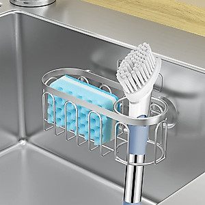 Yazoni 2-in-1 Sponge Holder for Kitchen Sink, Suction Cup Rack/Caddy, No Drill Rustproof Organizer for Place Dishwashing Brush Soap (Silver)