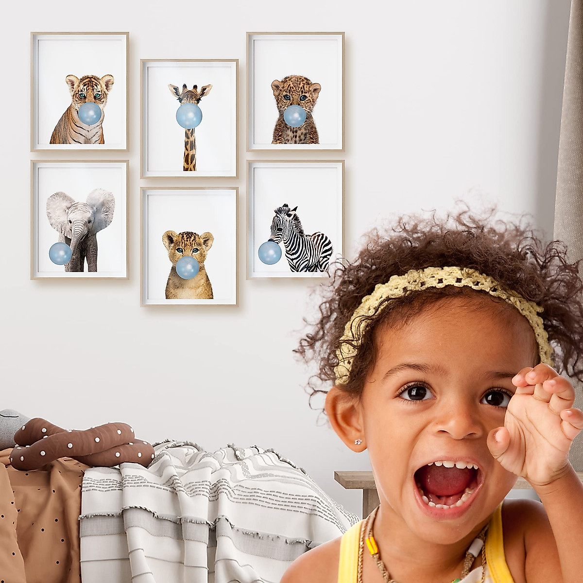 Designs by Maria Inc. Safari Blue Bubblegum Baby Animals Nursery Decor Art - Set of 6 (UNFRAMED) Wall Prints 8x10 (Blue)