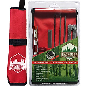 Chainsaw Sharpener File Kit – Flat, 5/32, 3/16, 7/32 Inch Round Files, Raker Tooth Depth Gauge, Blade Filing Guide, Wood Handle & Tool Pouch – used to Sharpen Chain Saw Teeth - 8 Piece Sharpening Set