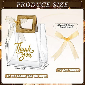12 Pcs Clear Gift Bags with Handle Thank You Gift Handbags Transparent PVC Wrap Bags Reusable Heavy Duty Tote Bags for Bridal Party Baby Shower Wedding Birthday Favor 7 x 4 x 8 Inch (Gold)