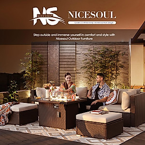 NICESOUL Wicker Outdoor Fire Pit Table Natural Gas/Propane, 43'' Rectangular Firepit Table for Outside, 55000 BTU Patio Fireplace Tables with Windguard&Glass Rocks&Cover, Modern CSA Firepits, Brown