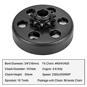 Go Kart Clutch 3/4 Bore 10T with #40/41/420 Chain, Centrifugal Clutch Fit for Minibike MB165 & MB200 and Honda Cloned Engines GC160, GC190, GX120, GX140, GX160, GX200. Up to 6.5HP