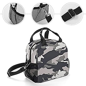 Gray Green Camouflage Printed Lunch Box Tote Bag with Handles and Shoulder Strap for Men Women Work Picnic