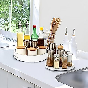 Lazy Susan Organizer for Countertop, 12 Inch & 10 Inch Bamboo Condiment Organizer, Wooden Lazy Susan Turntable Organizer for Cabinet Pantry Kitchen Counter Dining Table Cupboard, Decorative Tray White